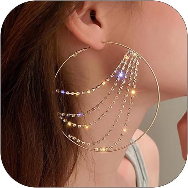 商品名ラインストーンピアス レディース キラキラフープピアス ラインストーンフープイヤリング クリスタルイヤリング ゴールドシルバー プロムイヤリング ビッグフープイヤリング パーティー/ウェディングギフトに ブライダル用, Adjusta...