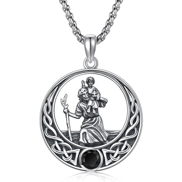 商品名Twoowl 聖クリストファー メダルネックレス 男女兼用 925スターリングシルバー シック ブラック誕生石ペンダントネックレス 聖クリストファーお守り ジュエリーギフト 20+2インチチェーン付き スターリングシルバー オニキス,...