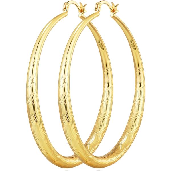 商品名OOOPEL 925スターリングシルバー フープピアス レディース ゴールドフープイヤリング 低刺激性 ダイヤモンドカット リップルデザイン 変色しない 大きなフープイヤリング (30/40/50/60/70mm), スターリングシル...