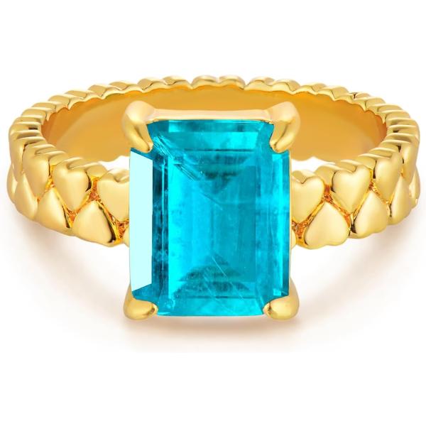 商品名GNIRTSI ゴールド 模造エメラルド/パライバリング レディース ソリティア 8 x 10mm カット 14K ゴールドメッキ ミニマリスト スタック ダブルロー ハート 4mm ワイドバンド フィンガージュエリー サイズ6-8,...