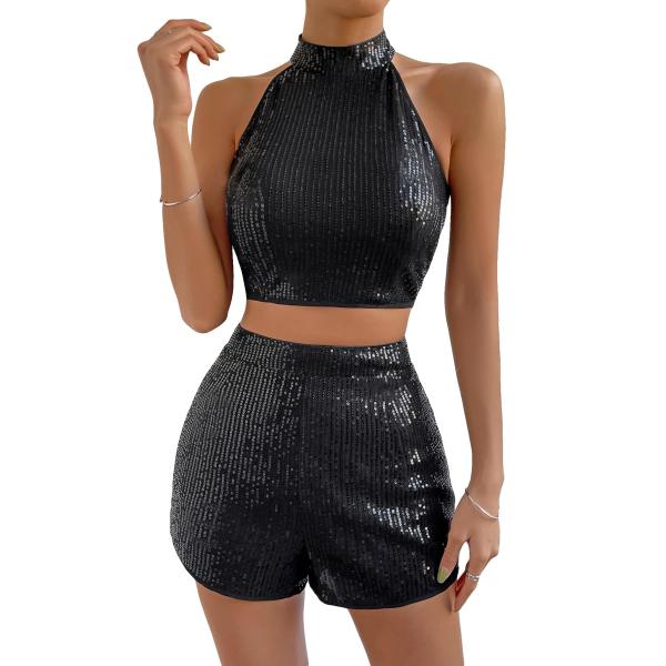 商品名:  WDIRARA Women's 2 Piece Set Crop Sequins Halter Top with Shorts Sleeveless High Waist Party Club Shorts Set Black ...