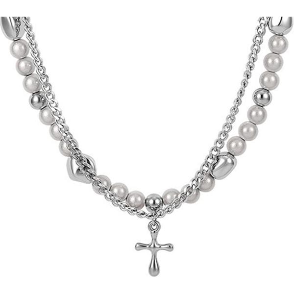 商品名Buyongwant イレギュラーネックレス クロスペンダント 2層チェーン 反射パール ヒップホップ ファッション カラーチェーン メンズ&amp;レディース ジュエリー ギフト 18.5インチ, 亜鉛, 真珠Buyongwant ...