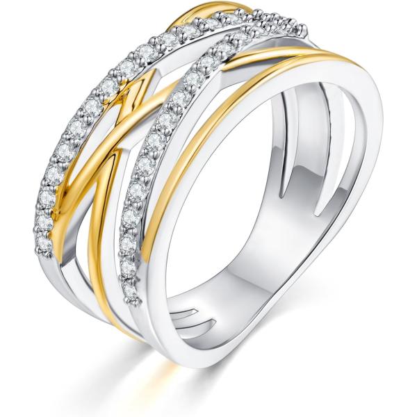 商品名LILIE&amp;WHITE ツートーン チャンキーリング レディース 絡み合ったクロスオーバーリング ゴールドシルバー ステートメントリング ジュエリーギフト, ラインストーン, 宝石なしLILIE&amp;WHITE Two T...