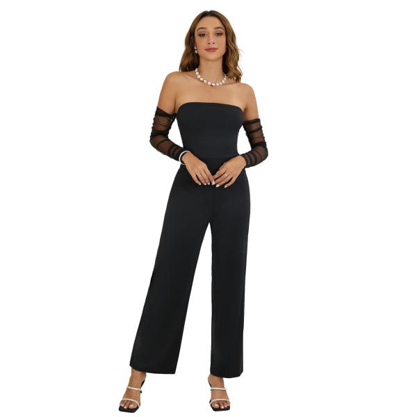 商品名:  WDIRARA Women's Strapless Sheer Mesh Ruched Long Sleeve Jumpsuit Wide Leg Pants Black Lブランド: WDIRARA商品サイズ: Large高さ...