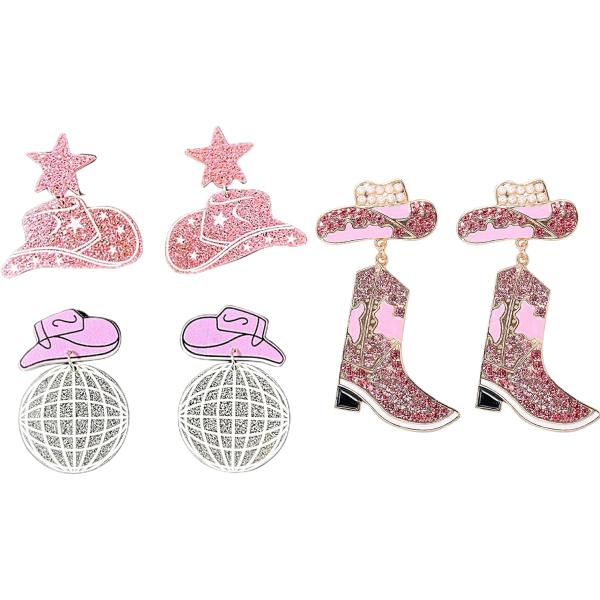 商品名3 Pairs Cowgirl Earrings Disco Cowgirl Western Jewelry for Women Studs,Cowboy Hat Boots Disco Earrings Acrylic Earrin...