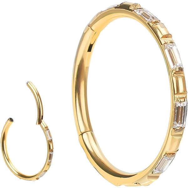 商品名LovePiercing 24K ゴールドメッキ ノーズリング フープ 女性用 16G 6mm サージカルチタン セプタムリング 低刺激性 ヒンジ付きセグメントリング 長方形クリスタル付き ノーズリングクリッカー ボディピアス用 (ゴ...