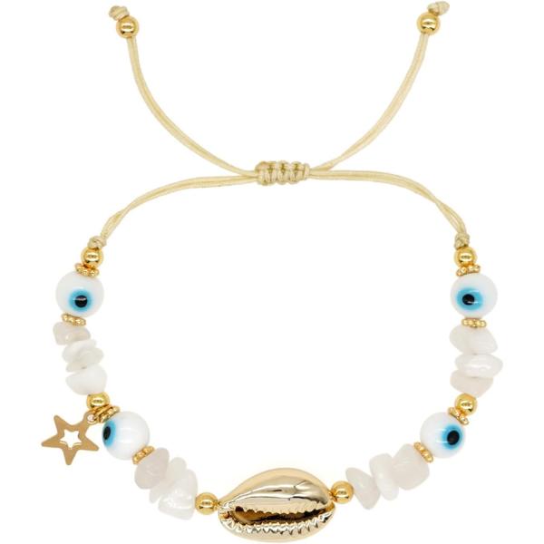 商品名Caiyao ボーホー カラフル ガラス アイ ビーズ ブレスレット ハンドメイド 調節可能 ゴールドシェル ブレスレット 夏 トレンディ フレンドシップ ジュエリー レディース ティーン ガールズ, 金属 ガラス, 宝石なし。Cai...