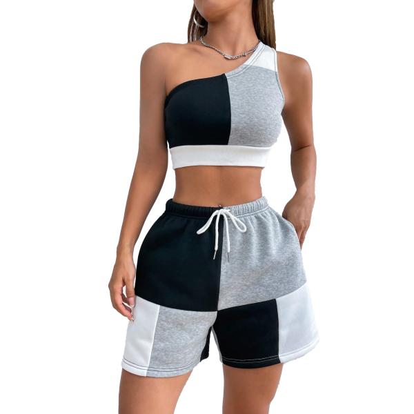 商品名:  Verdusa Women's Color Block One Shoulder Crop Top &amp; Drawstring Waist Shorts Sets Black Grey Sブランド: Verdusa商品サイ...