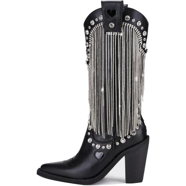 商品名Goolita Sparkle Fringed Rhinestone Cowgirl Boots For Women Pointed Toe Chunky Heel Mid Calf Boots Side Zipper Bling P...