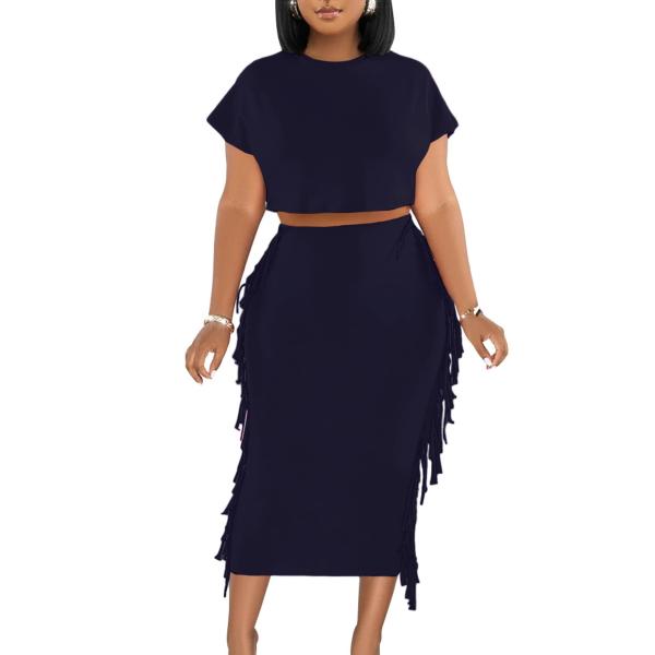 商品名:  LYANER Women's 2 Piece Outfits Crew Neck Fringe Short Sleeve Crop Top and Tassel Trim Bodycon Midi Skirt Set Navy ...