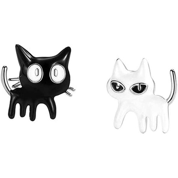 商品名Asymmetrical Black White Cat Earrings for Women Girls Teens 925 Sterling Silver Enamel Cats Kitten Cute Animal Small ...