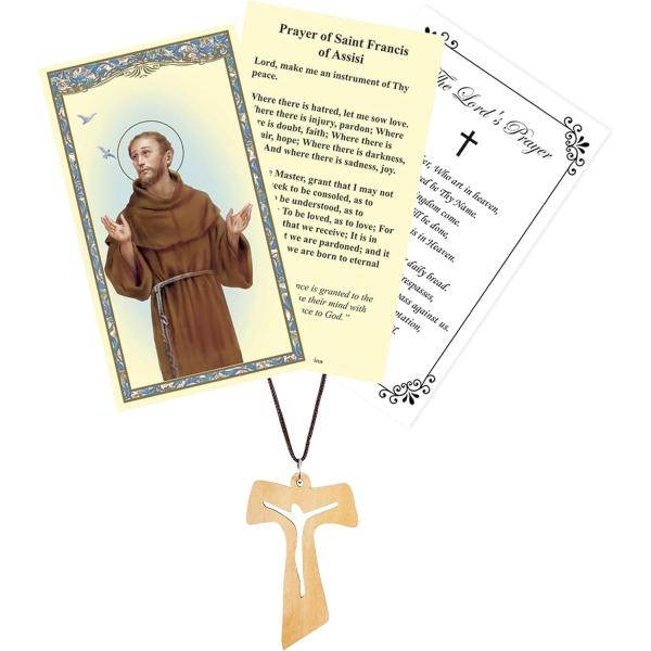 商品名タウ十字架ペンダント - フランシスコ会クロスネックレス ラミネート加工 聖フランシスアッシジ祈りカード 主の祈り 木製十字架 タウペンダント 28インチのコード付き タウクロスネックレス カトリックカードセット | 3アイテム, ウ...