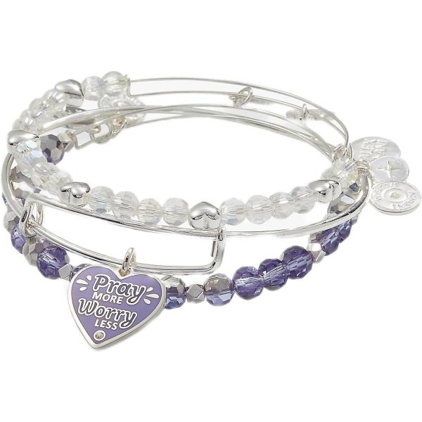商品名Alex and Ani Pray More Worry Less 3個セット シャイニーシルバー仕上げ パープルチャーム 2~3.5インチ, One Size, 真鍮, 宝石なし。Alex and Ani Pray More Wor...