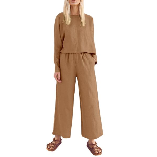 商品名:  PRETTYGARDEN Women's 2024 Fall 2 Piece Outfit Tracksuits Casual Linen Long Sleeve Tops And Wide Leg Pants Lounge S...
