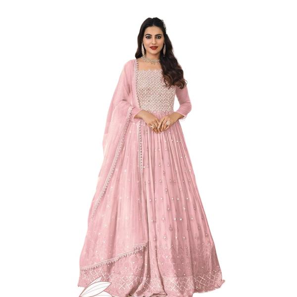 商品名:  Mirraw Women Baby Pink Embroidered Mehndi Trendy Anarkali Salwar Kameez Traditional Wear Round Neck Anankali Semi ...