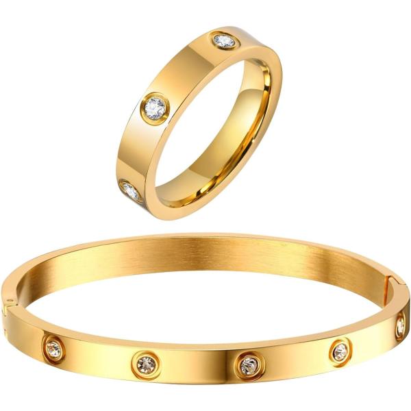 商品名女性用ゴールドリングブレスレット - 18Kゴールドメッキ ラブフレンドシップブレスレット キュービックジルコニアバングル リングジュエリーセット ウェディングパーティー クリスマス バレンタインデー 誕生日プレゼント 彼女へのギフト...