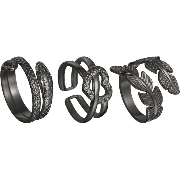 商品名オープンリング3点セット メンズ レディース ゴールド シルバー ブラック ハート フェザー オープンリング パーティー用, 非貴金属, 宝石なしSMUOBT 3Pcs Open Rings Set for Men Women,Bla...