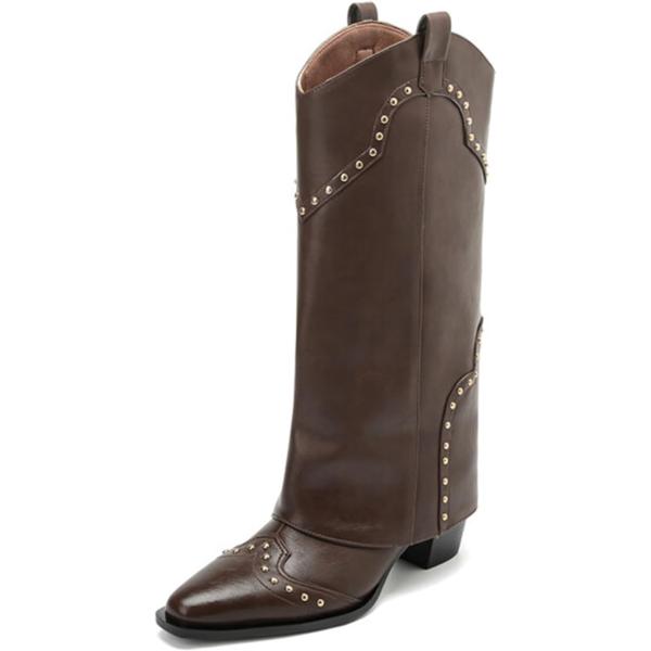 商品名Goolita Rivet Western Cowboy Boots For Women Square Toe Chunky Heel Knee High Boots Slip On Fold Over Cowgirl Bootsブラ...