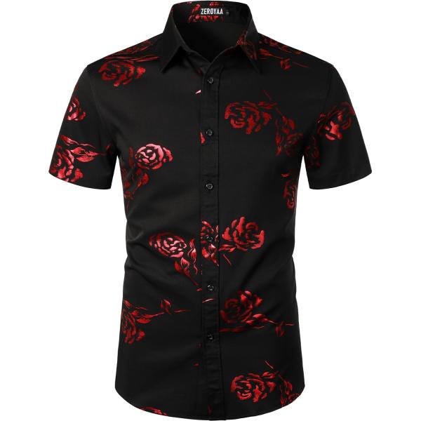 商品名:  ZEROYAA Mens Hipster Gold Rose Printed Slim Fit Short Sleeve Button Down Dress Shirts ZZCL41-Black Red Largeブランド: ...