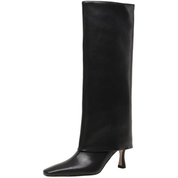 商品名Goolita Women's Stiletto Heel Knee High Boots Square Toe Slip On Fold Over Boots For Women Leather Comfortable Dress ...
