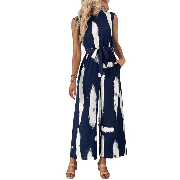 商品名:  WDIRARA Women's All Over Printed Knot Front Sleeveless Summer Casual Straight Leg Jumpsuits Blue and White Sブランド: ...