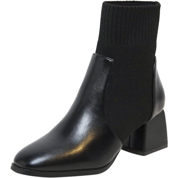 商品名Womens Knit Chelsea Booties Square Toe Chunky Block Mid Heel Solid Lether Ankle Boots Concise Classic Winter Fall Wal...