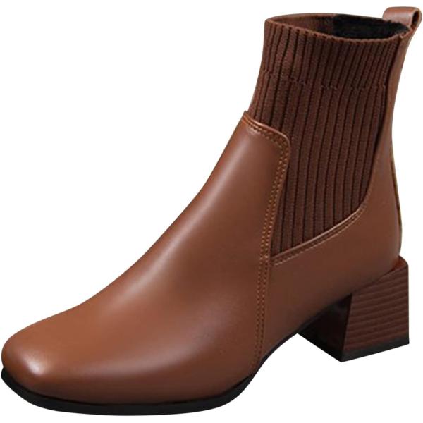 商品名Womens Knit Chelsea Booties Square Toe Chunky Block Mid Heel Solid Lether Ankle Boots Concise Classic Winter Fall Wal...