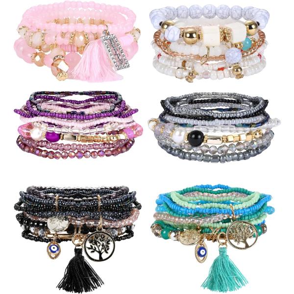 商品名FIBO STEEL ビーズブレスレット 6組 レディース トレンディ ボーホー ブレスレット 重ね付け可能 ストレッチブレスレット 女性用 Pulseras Para Mujerブレスレットセット, 宝石なし。FIBO STEEL ...