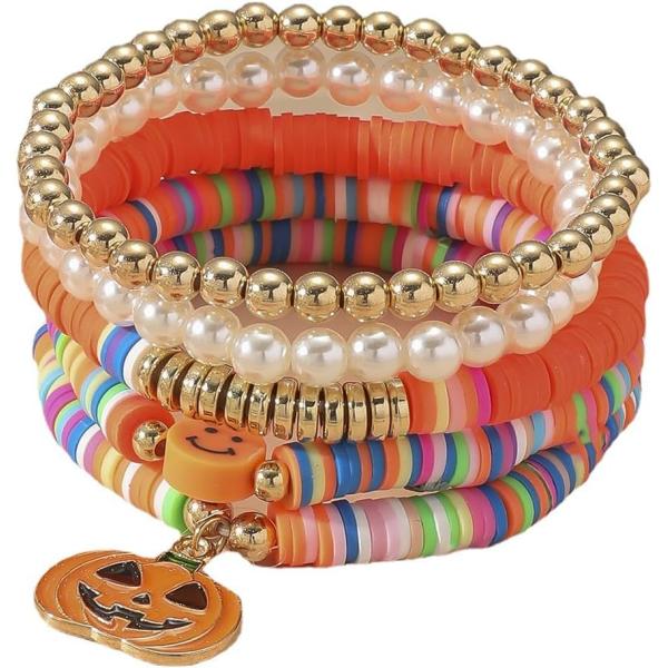 商品名5Pcs Pumpkin Bracelets for Women Stackable Rainbow Clay Beaded Stretch Bracelets Elastic Layering Friendship Bracelet...