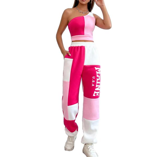 商品名:  WDIRARA Women's 2 Piece Outfits Colorblock One Shoulder Casual Crop Top and Letter Print Pants Multicolor Mブランド: W...