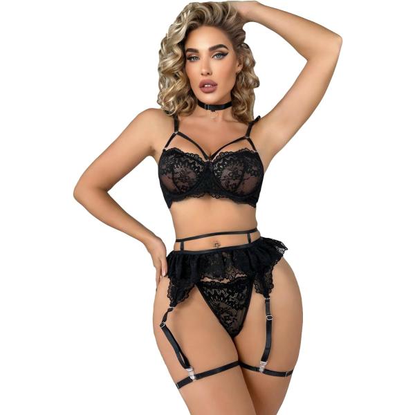 商品名WDIRARA Women's 6 Pieces Floral Lace Underwire Garter Belt Lingerie Set with Choker and Leg Rings Black Sブランド：WDIRARA...