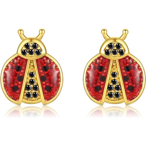 商品名てんとう虫ピアス レディース スターリングシルバー ゴールドメッキ 低刺激性 てんとう虫 スタッドピアス てんとう虫ジュエリー 女の子へのギフト, スターリングシルバー, キュービックジルコニアLadybug Earrings for...