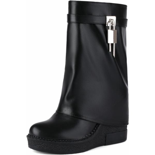 商品名Ciuyurra Wedge Heels Fold Over Boots Mid Calf Platform Shark Boots Wide Calf Boots Zipper Pleated Calf Boots Party He...