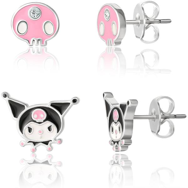 商品名サンリオ レディースピンクスカルとクロミピアスセット 2ペア シルバープレートとエナメル サンリオ 公式ライセンス商品, 真鍮, クリスタルSanrio Womens Pink Skull and Kuromi Earrings Se...