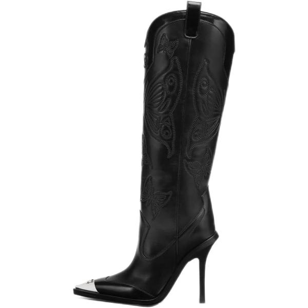 商品名Goolita Butterfly Embroidered Cowboy Boots For Women Metal Pointed Toe Stiletto Heel Knee High Boots Side Zipper West...