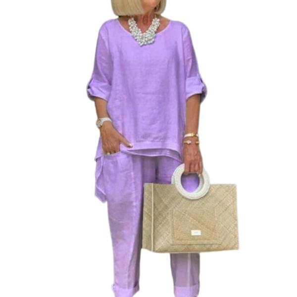 商品名:  DMOYALA Womens 2023 Fall Purple Casual Loose Long Sleeve Crewneck 2 Piece Dress Suits for Women Plus Size Purple C...