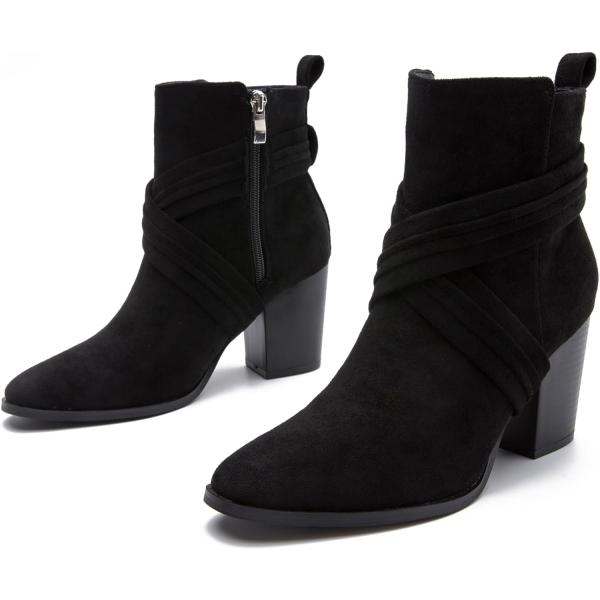 商品名URLECHS Women's Suede Crossover Strap Chunky Heel Ankle Boots Fashion Pointed Toe Side Zipper High Heels Autumn Winte...