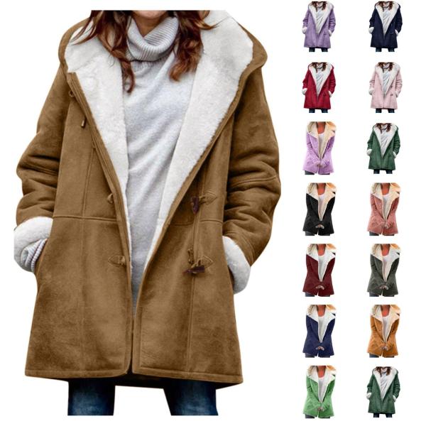 商品名:  Zkuisw Women's Winter Warm Hooded Coats Sherpa Lined Suede Leather Longline Horn Buttons Jacket Trendy Soft Outerw...