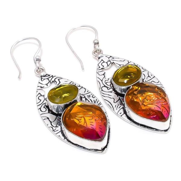 商品名Bi-color Tourmaline, Yellow Citrine Quartz Multi-Stone Handmade Earrings 2"" Girls Women Mom Wife 925 Sterling Silver...