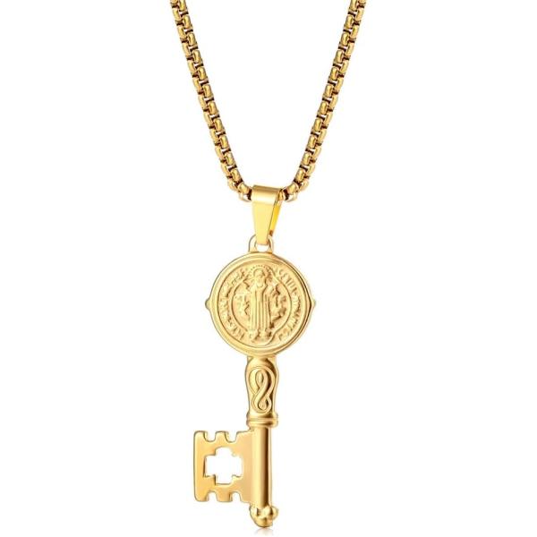 商品名聖ベネディクトメダルキーペンダントネックレス ステンレススチール エクソシズム カトリック 宗教的キーネックレス ジュエリー 24インチチェーン 彼へのギフト, ステンレス鋼, なし。Saint Benedict Medal Key ...
