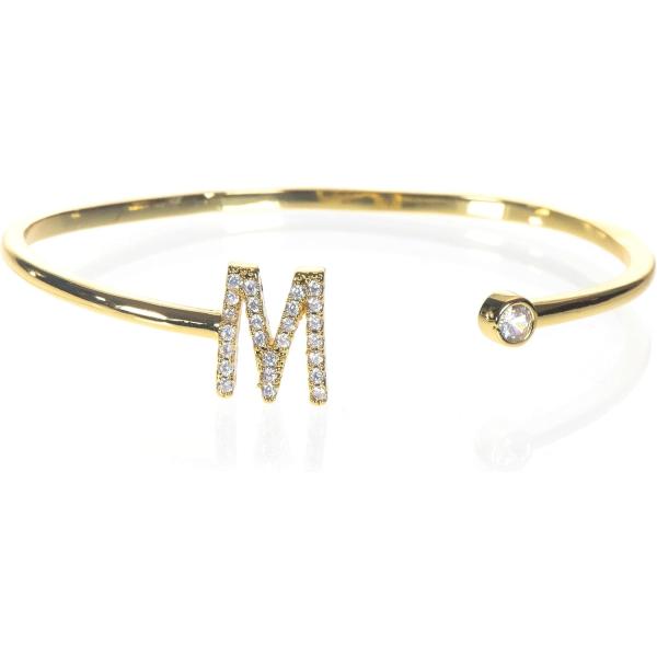 商品名女性用ゴールドバングルブレスレット   ゴールドイニシャルブレスレット レターチャーム付き   18Kゴールドメッキブレスレット 女性用   シックで上品なゴールドメッキバングル キュービックジルコニアストーン, Adjustable...