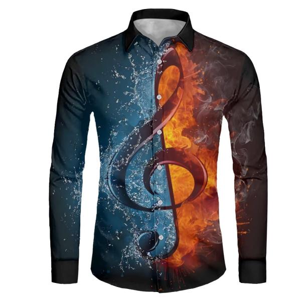 商品名:  Biyejit Water Fire Music Notes Print Men's Muscle Fit Dress Shirts Wrinkle-Free Long Sleeve Casual Button Down Shi...