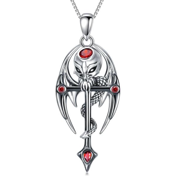 商品名Flpruy ゴシックスカルネックレス クロス付き スターリングシルバー パンク スケルトン クロスネックレス レッドジルコン付き ブラックスカル ペンダントネックレス ハロウィン スカル ジュエリー ギフト 女性 男性 男の子 女の...