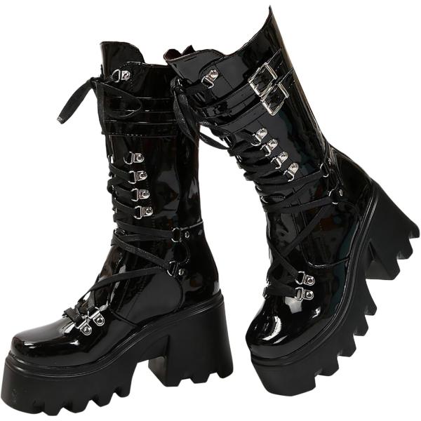 商品名Women's Platform Mid Calf Boots Platform Wedge Ankle Boots Goth Patent Lace Up Boot Chain Strappy Punk Booties Lace U...