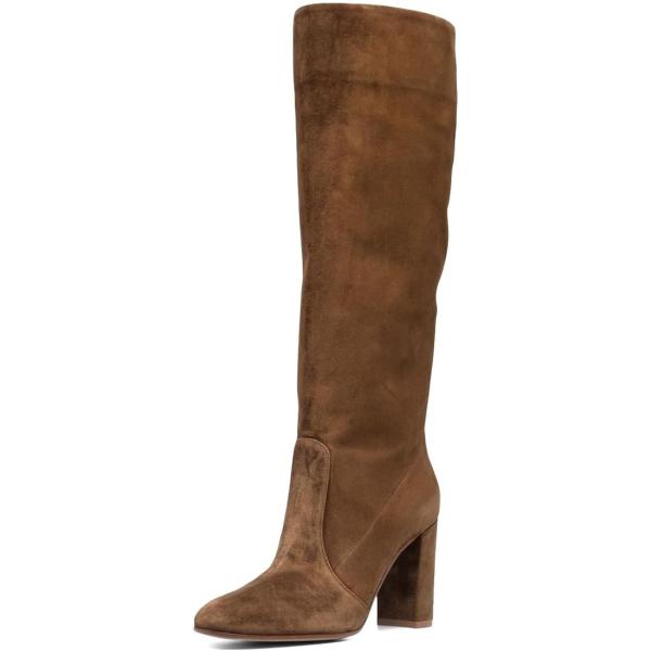 商品名miss left Women Closed Rounded Toe Knee High Boots Wide Calf Chunky High Heels Pull On Fashion Long Boot Dressy Trave...