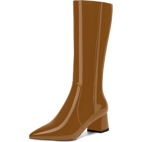 商品名FEMSTEP Women's Casual Zip Patent Chunky 2 Inch Knee High Solid Pointed Toe Outdoor Low Heel Boots Brown Size 9 - Zap...