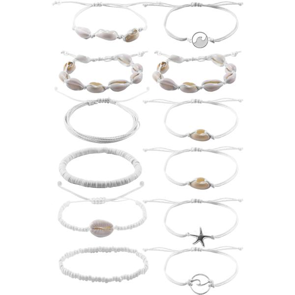 商品名ビーチサーファーウェーブブレスレット レディース 調節可能 ハンドメイド 防水 編み紐 ビーズアンクレット ヒトデシェル アンクルブレスレット ガールズ ボヘミアン サマージュエリー 12個, 7inches, 樹脂, クリスタルPI...