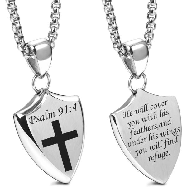 商品名SHNIAN Cross Necklace Stainless Steel Silver Shield Cross Necklace, Psalm 91:4 Hope Faith Strength Gift Religious Bib...