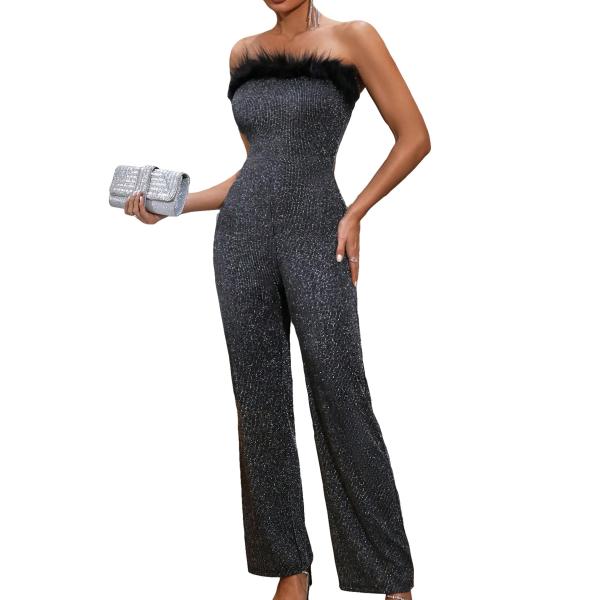 商品名:  WDIRARA Women's Glitter Fuzzy Trim Off Shoulder Strapless Sleeveless High Waist Party Straight Leg Jumpsuits Black...
