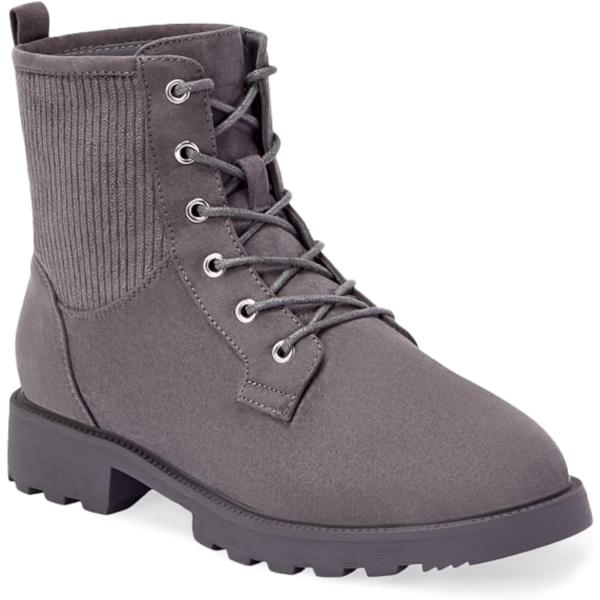 商品名JustFab Demi Women's Combat Grey Faux Suede Lace-Up Knit Ankle Boots - Chunky Lug Sole, Fall Fashion Grey Boot, 6ブランド...